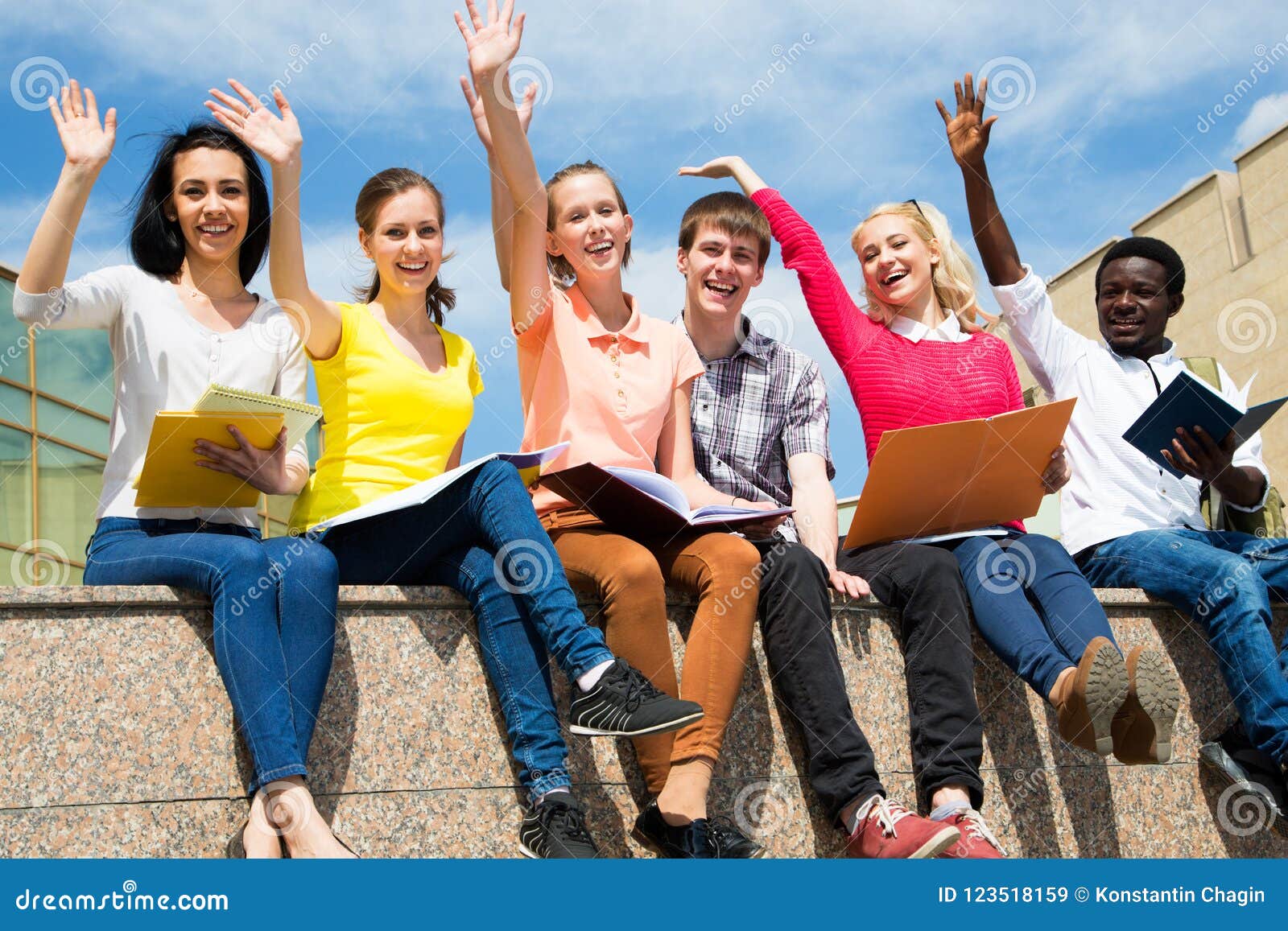 Excited Students with Arms Outdoors Stock Image - Image of diversity ...