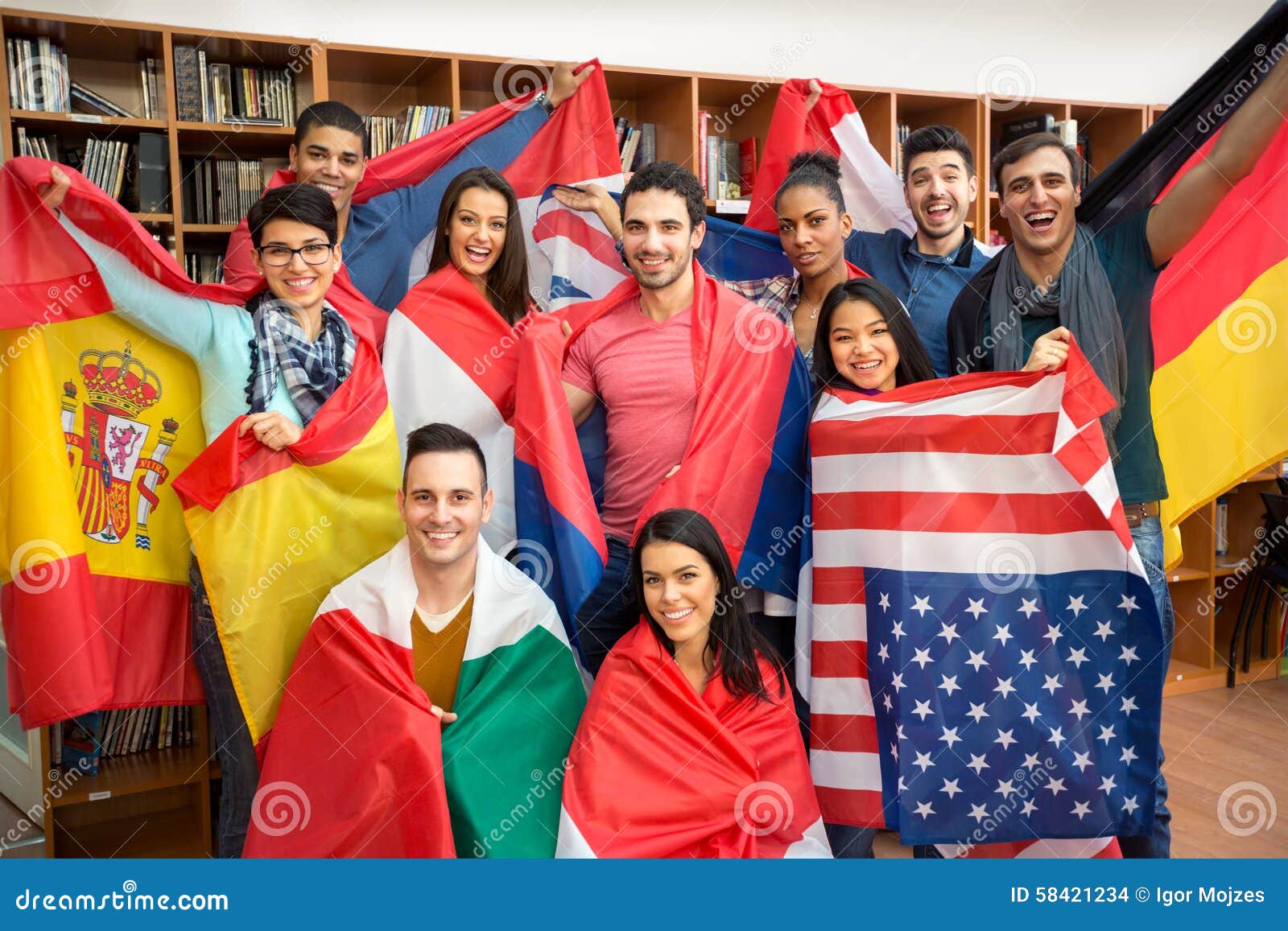 Excited Students Presenting Their Countries with Flags Stock Photo ...