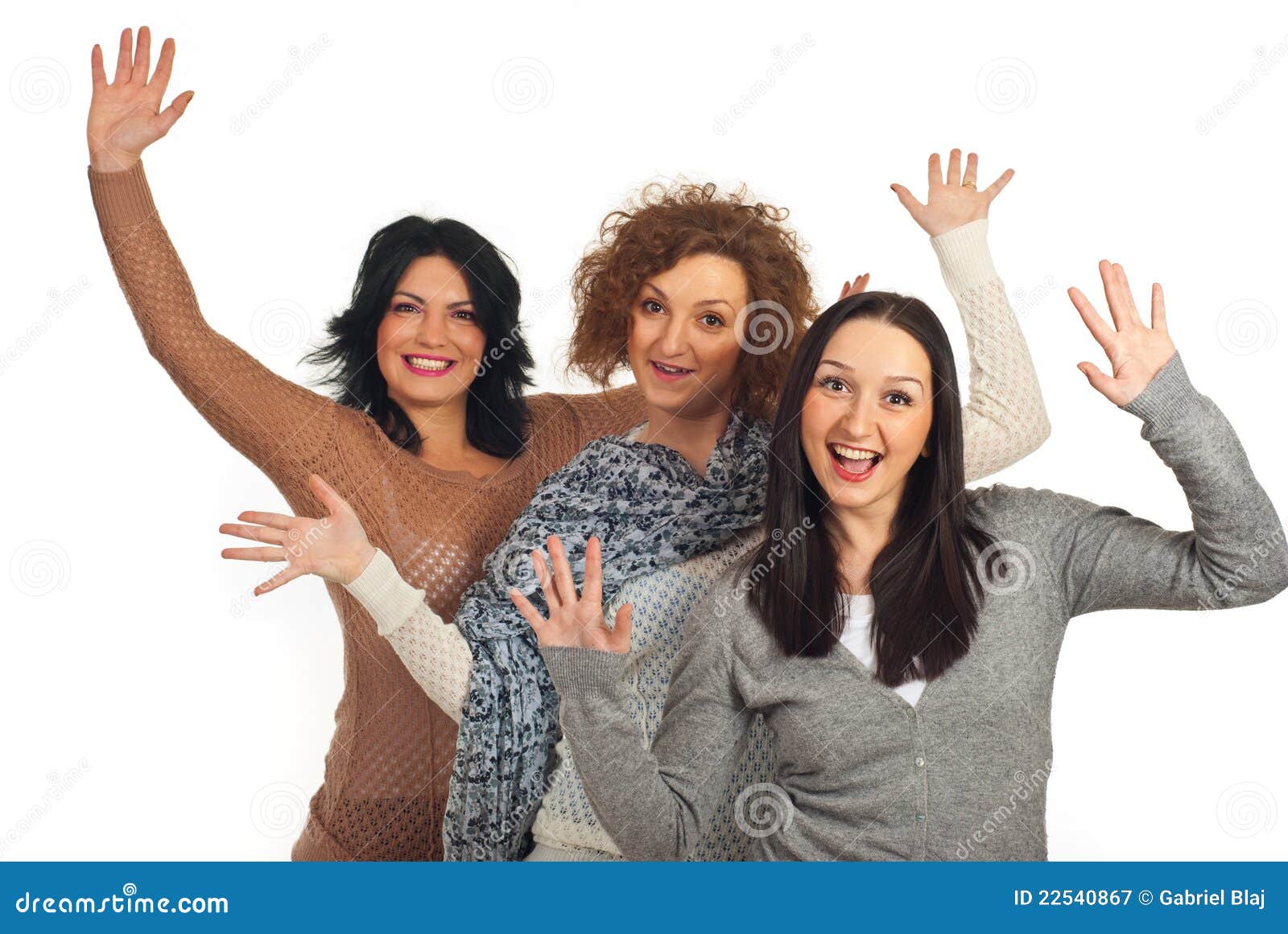 Excited Three Women with Arms Up Stock Image - Image of clothing, hands ...