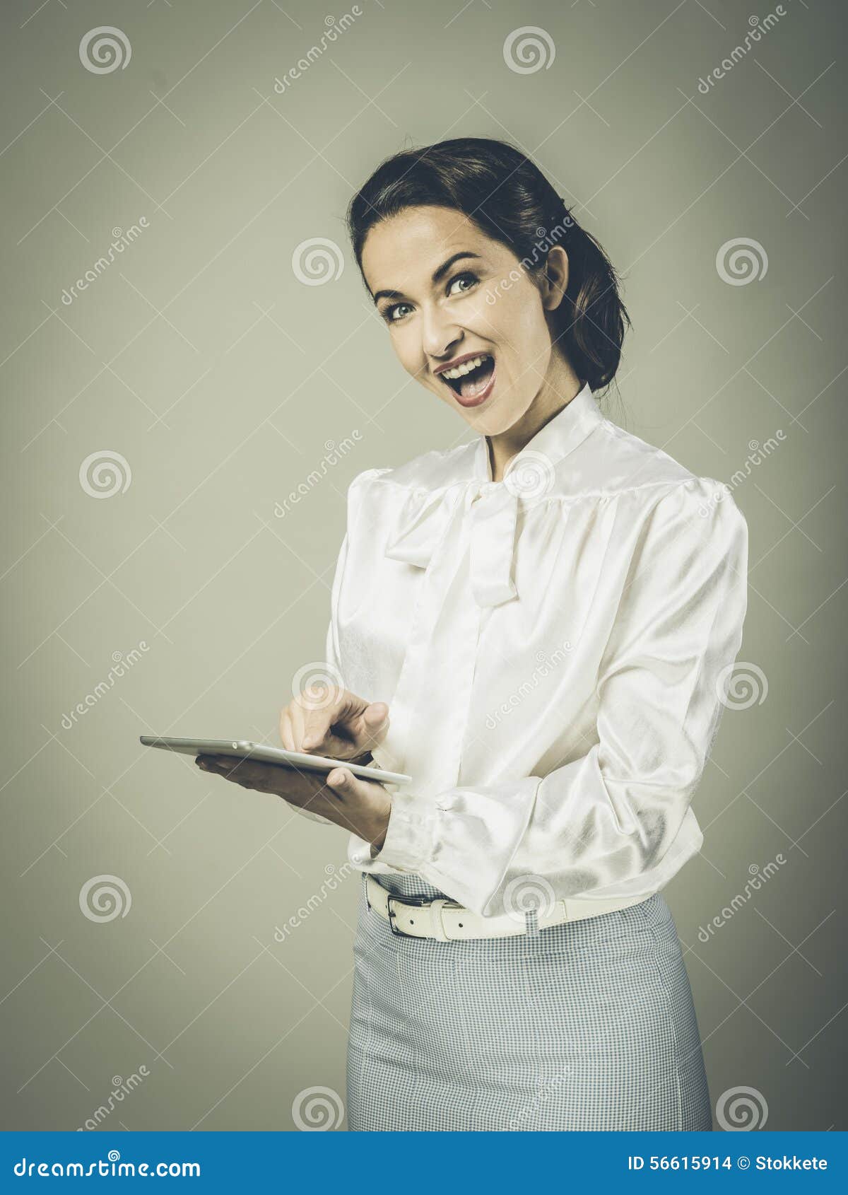 Excited Vintage Woman with Tablet Stock Photo - Image of expressing ...