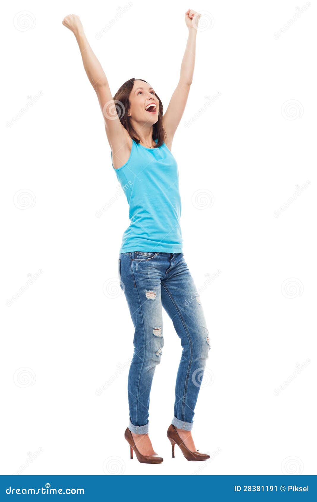 Excited Woman with Arms Raised Stock Image - Image of happy, full: 28381191