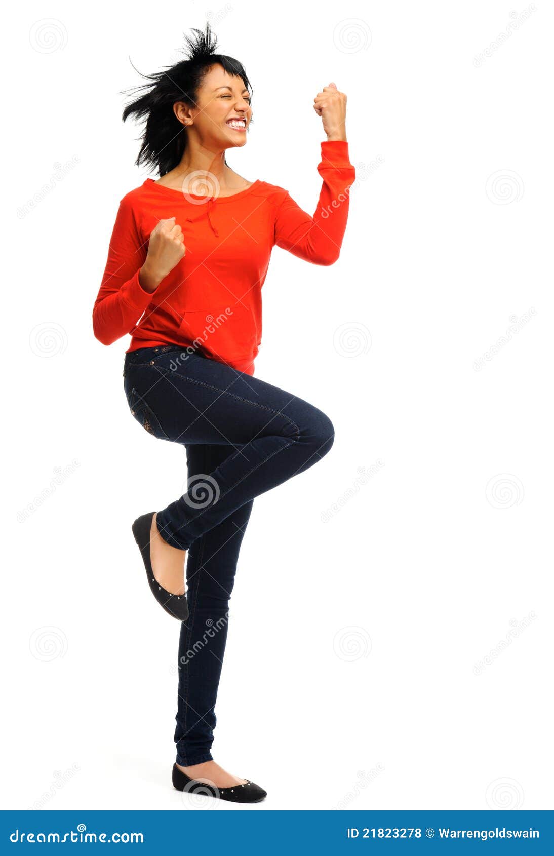 Excited woman jumps in joy stock photo. Image of portrait - 21823278