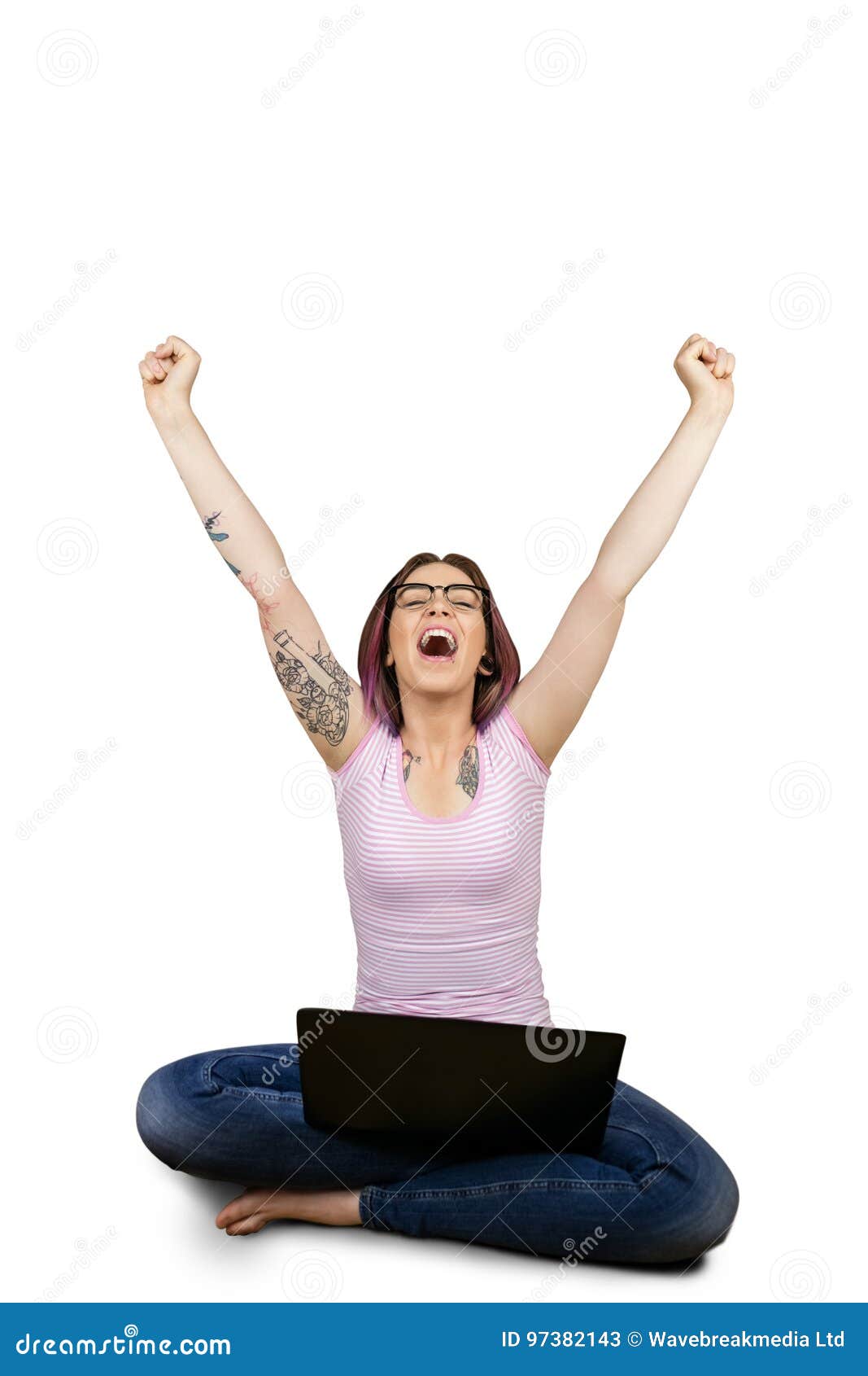 Excited woman using laptop stock image. Image of hair - 97382143