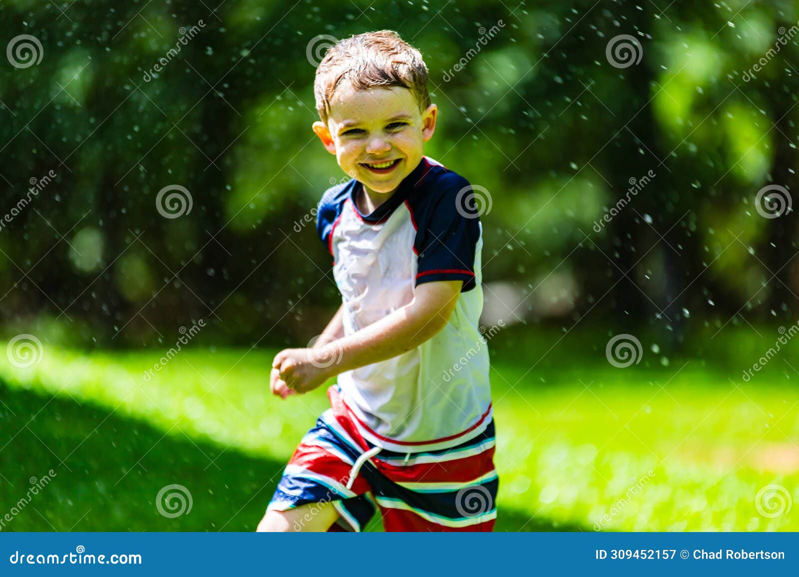 Excited Young Boy Running through the Sprinkler Stock Image - Image of ...