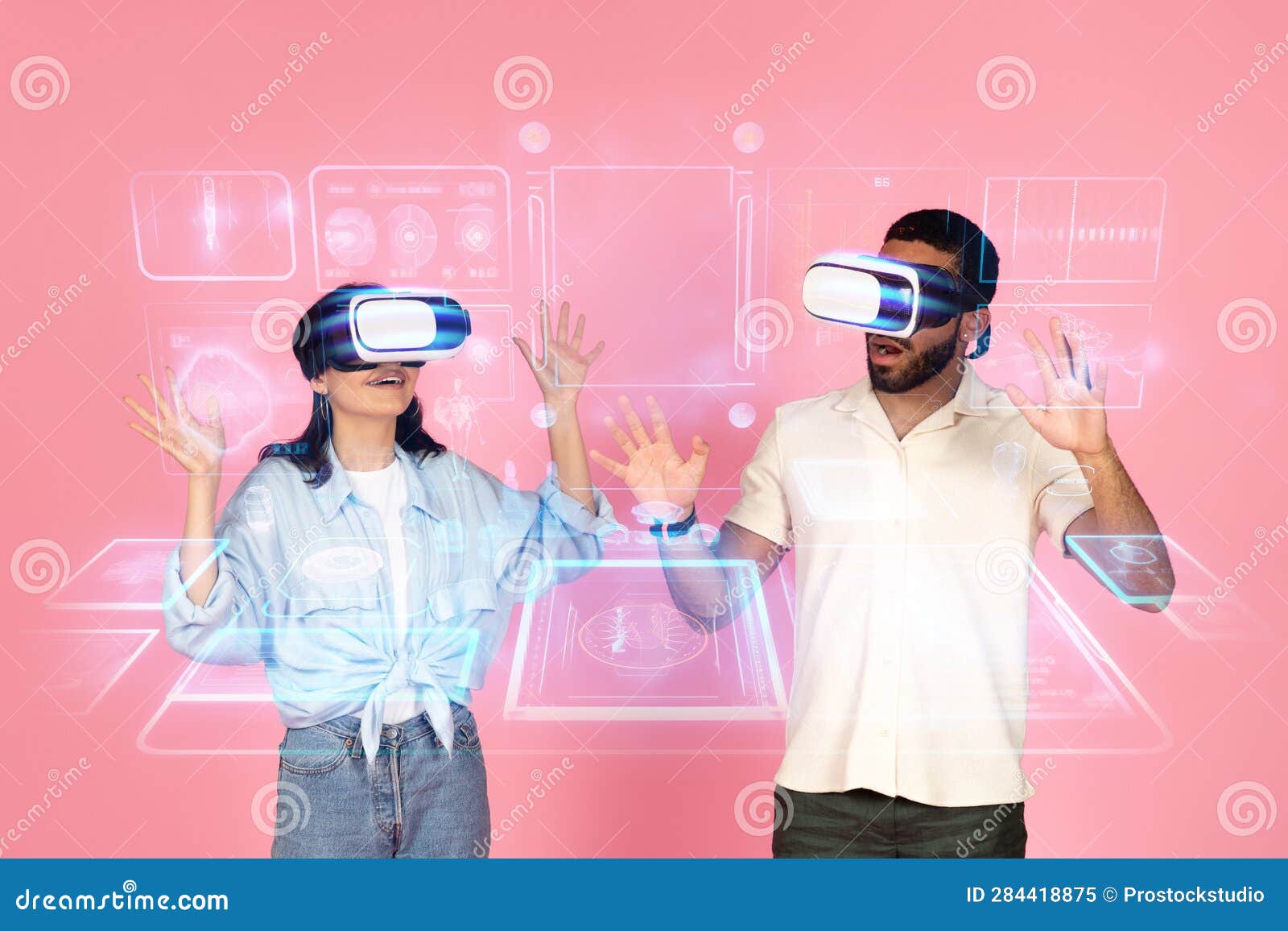 Excited Young Couple Experiencing Virtual Reality Together, Using VR ...