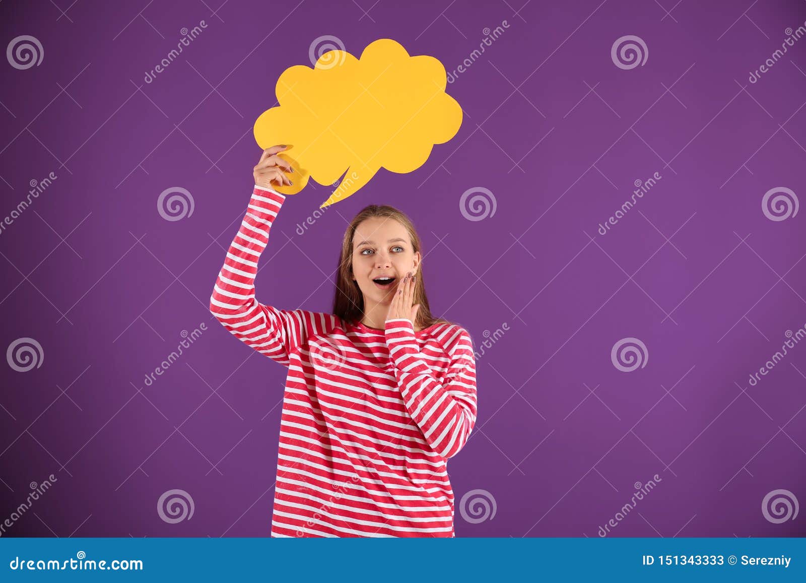Excited Young Woman with Blank Speech Bubble on Color Background Stock ...