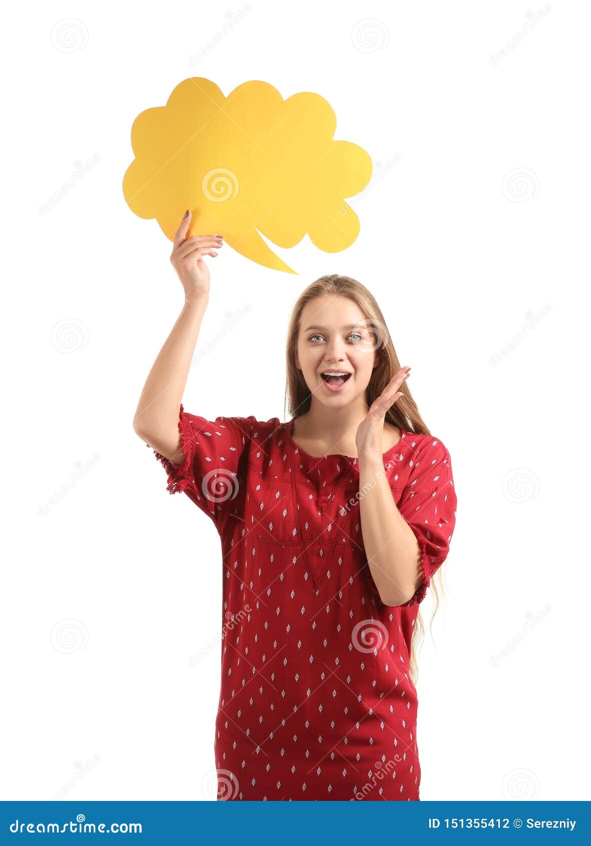 Excited Young Woman with Blank Speech Bubble on White Background Stock ...