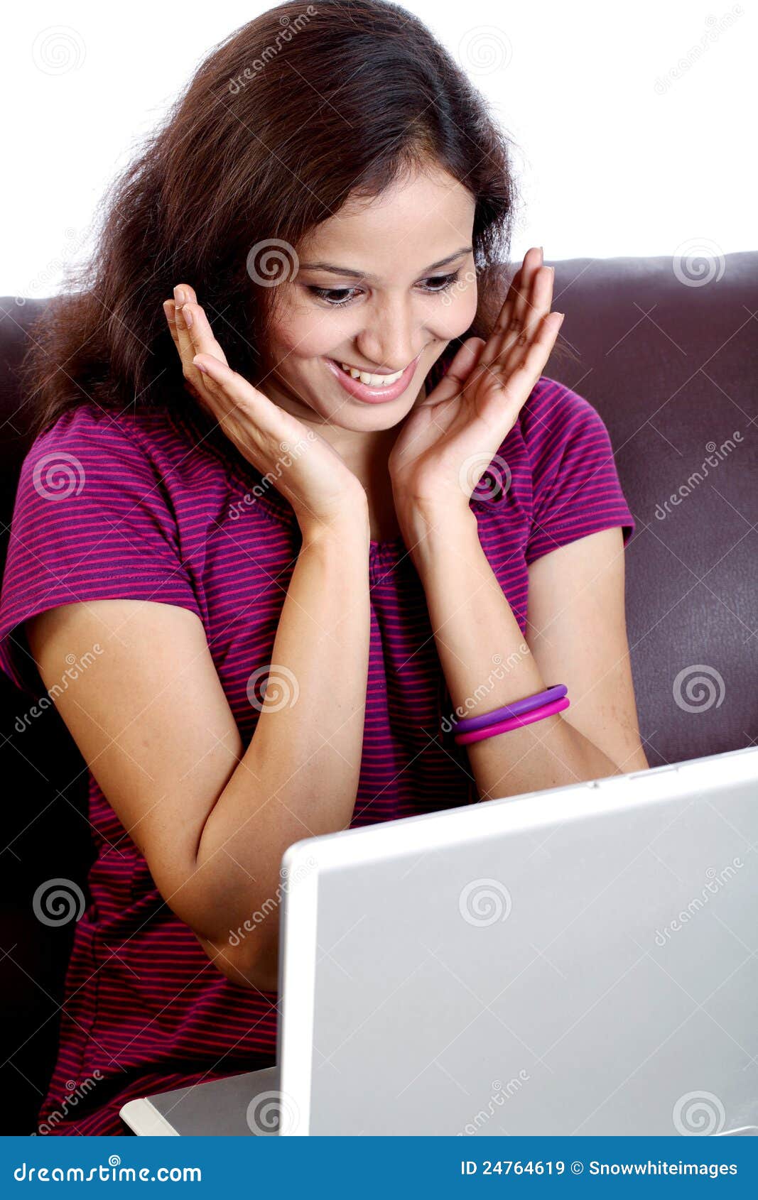 Excited Young Woman with Laptop on Sofa Stock Image - Image of ...