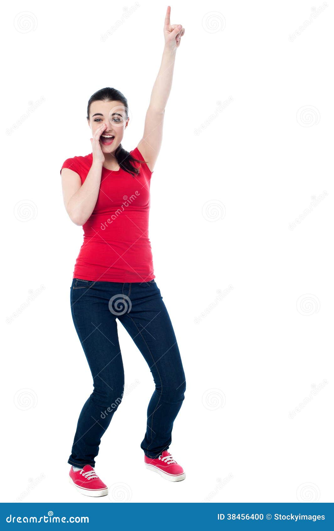 Excited Young Woman Pointing Upwards Stock Photo - Image of cheerful ...