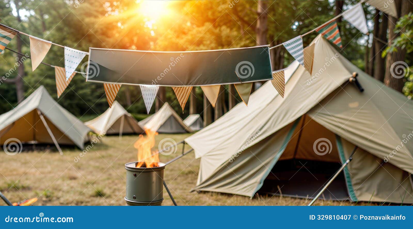 Exciting Summer Camp Banner with Tents and Campfires Stock Image ...