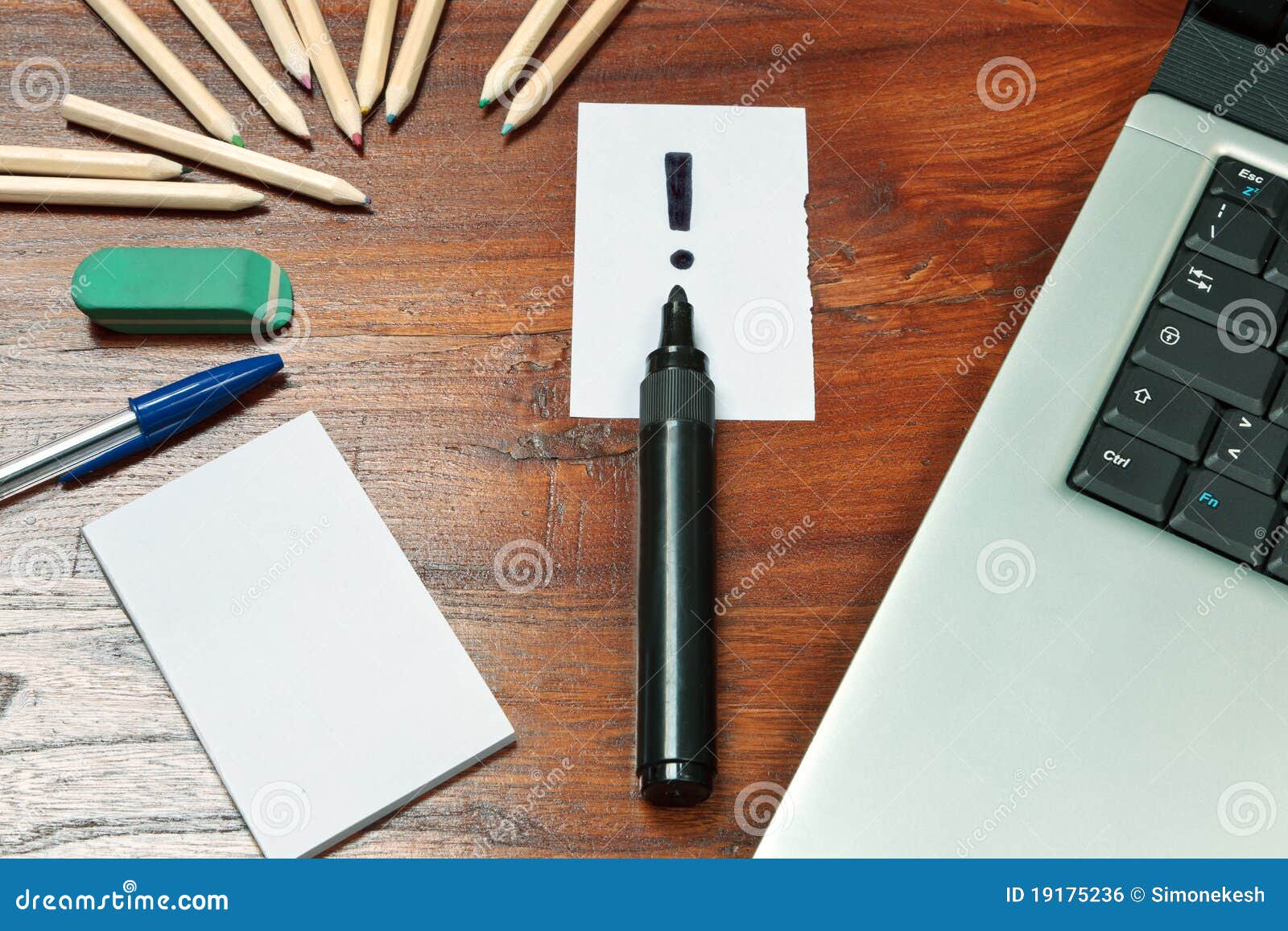 Exclamation Mark Over a Black Pen on Writing Desk Stock Photo - Image ...