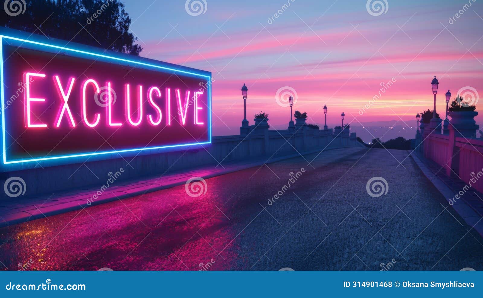 Exclusive Neon Sign Illuminating Pathway at Twilight Stock Photo ...