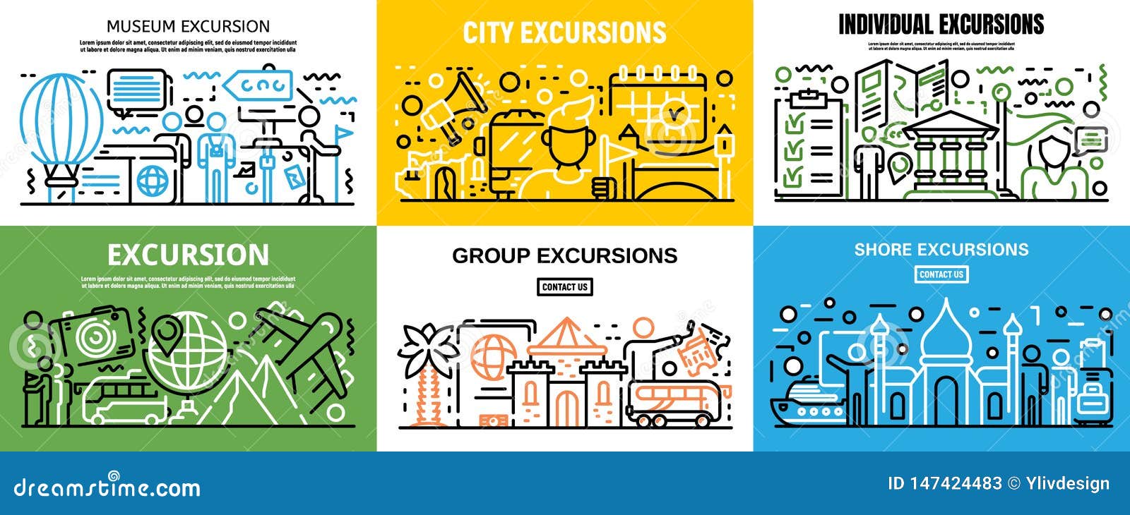 Excursion Banner Set, Outline Style Stock Vector - Illustration of ...