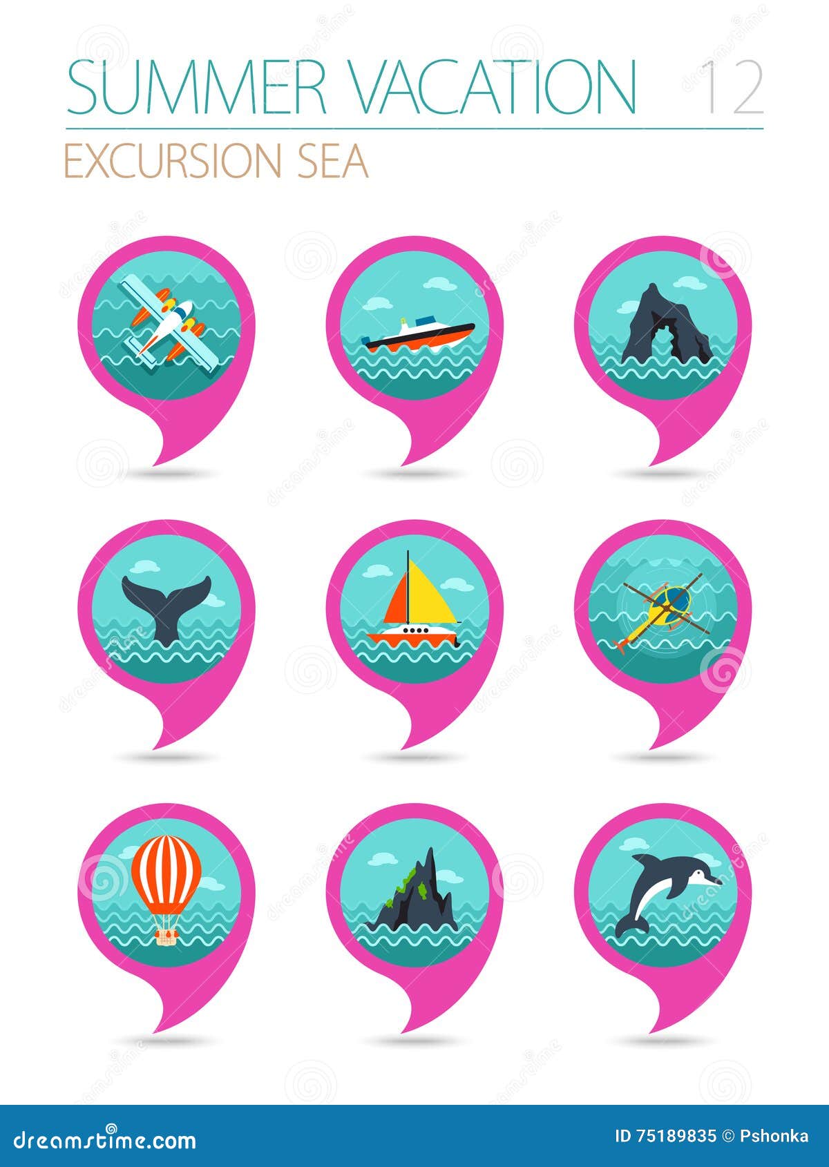 Excursion Sea Pin Map Icon Set. Summer. Vacation Stock Illustration ...