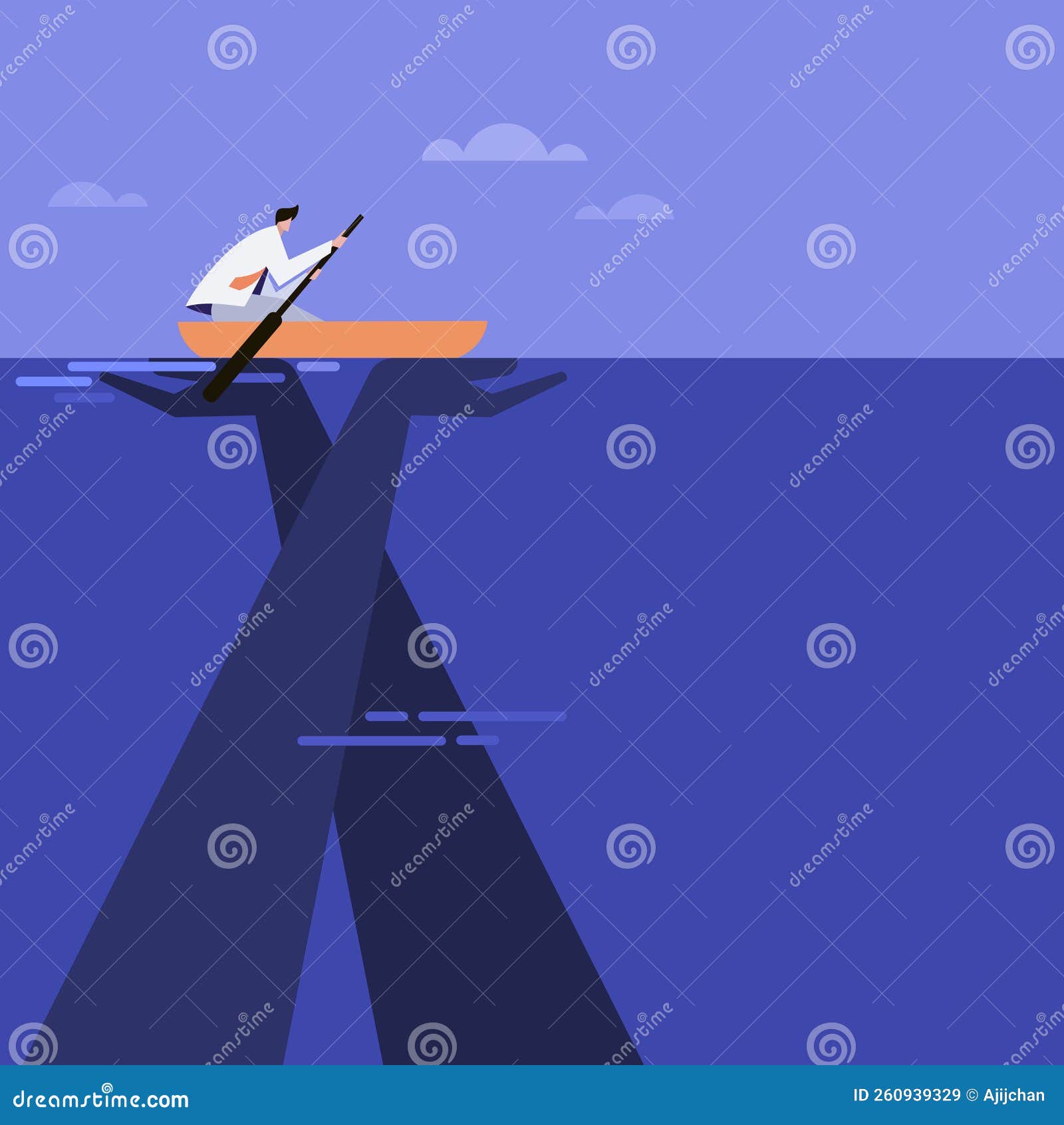 A Businessman Rowing a Boat Supported by Huge Hands Inside the Water ...
