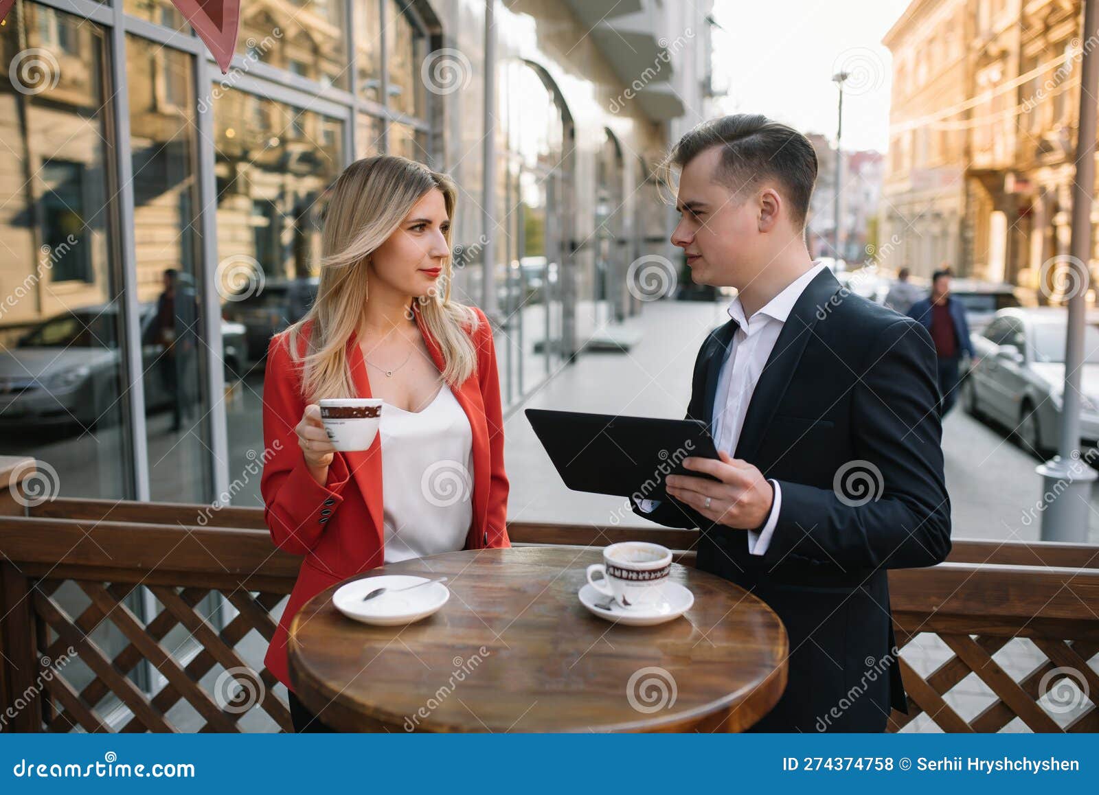 Executive Co-workers Remote Work are Coffee Break Outdoors. Successful ...