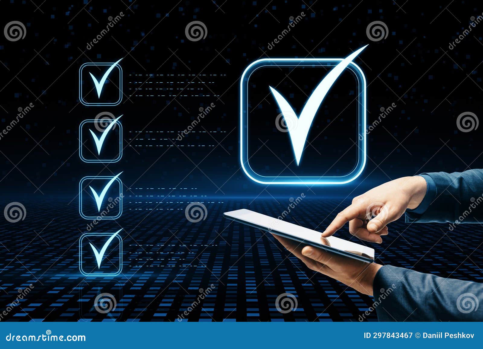 Executive Completing a Virtual Checklist on a Tablet, Symbolizing ...