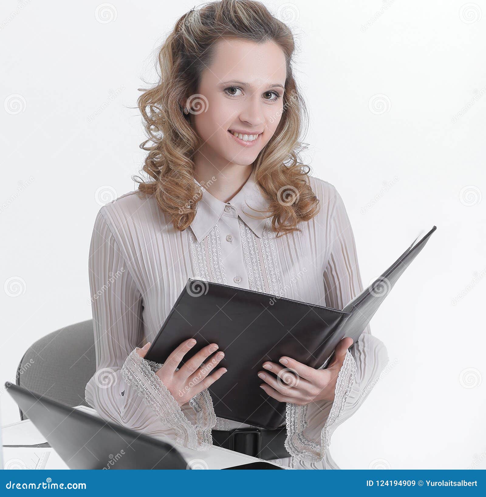 Executive Female Assistant with Documents Standing Near Desktop. Stock ...