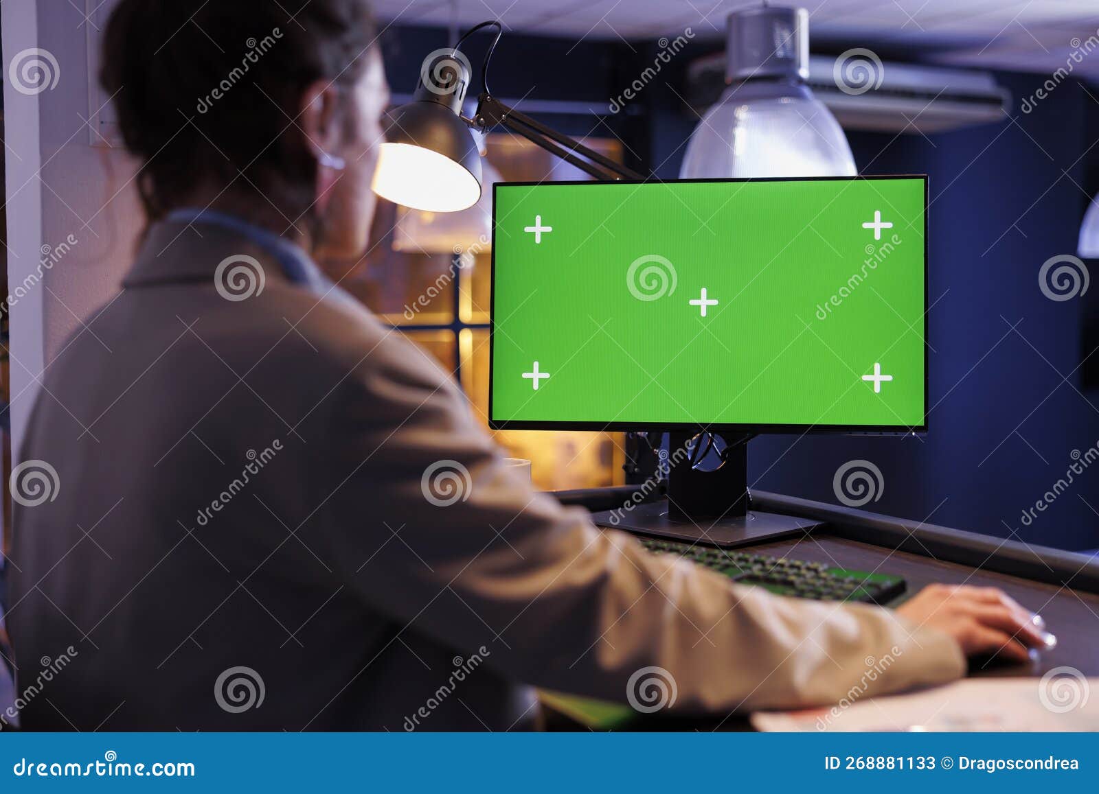 Executive Manager Looking at Green Screen Mock Up Chroma Key Computer ...