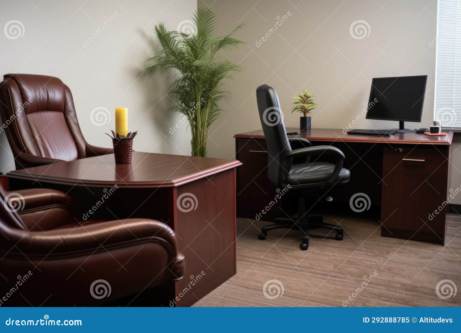 Executive Office Setup with Leather Chair and Wooden Desk Stock Image ...