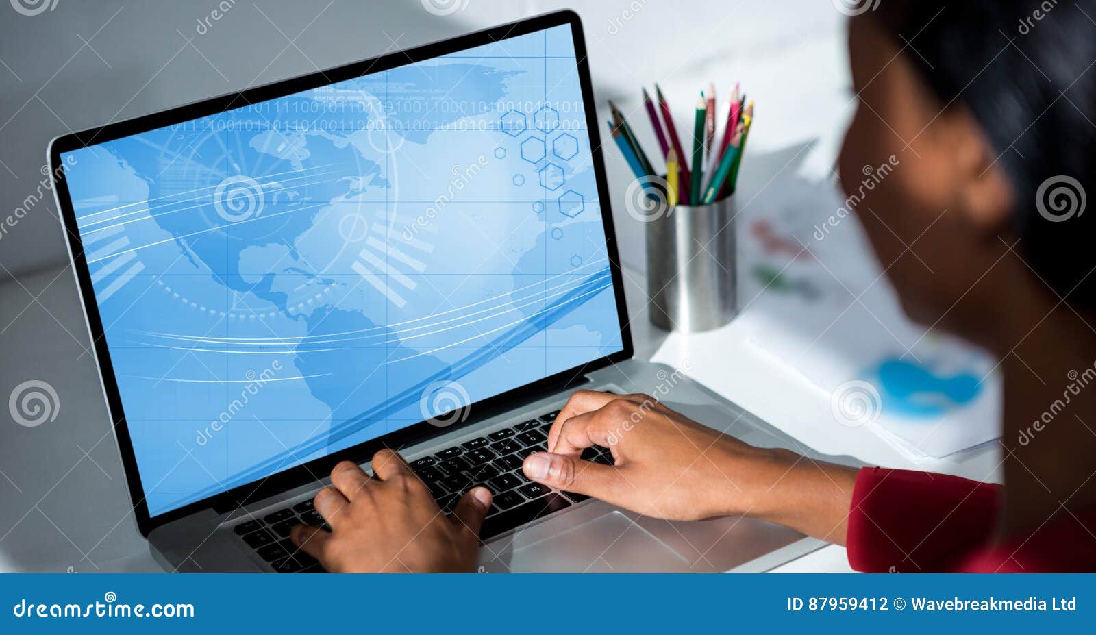 Executive Using Computer at Desk Stock Photo - Image of composite, data ...