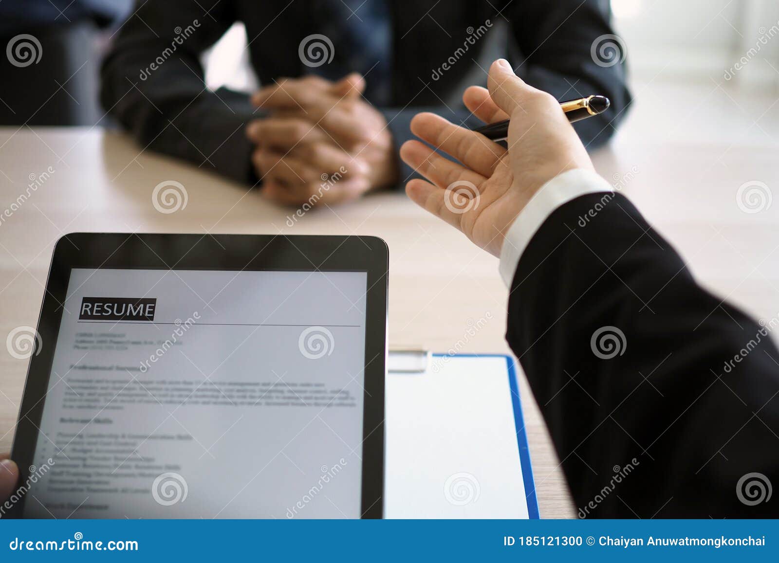 Executives are Interviewing and Watching the Resume Via Tablet. Focus ...