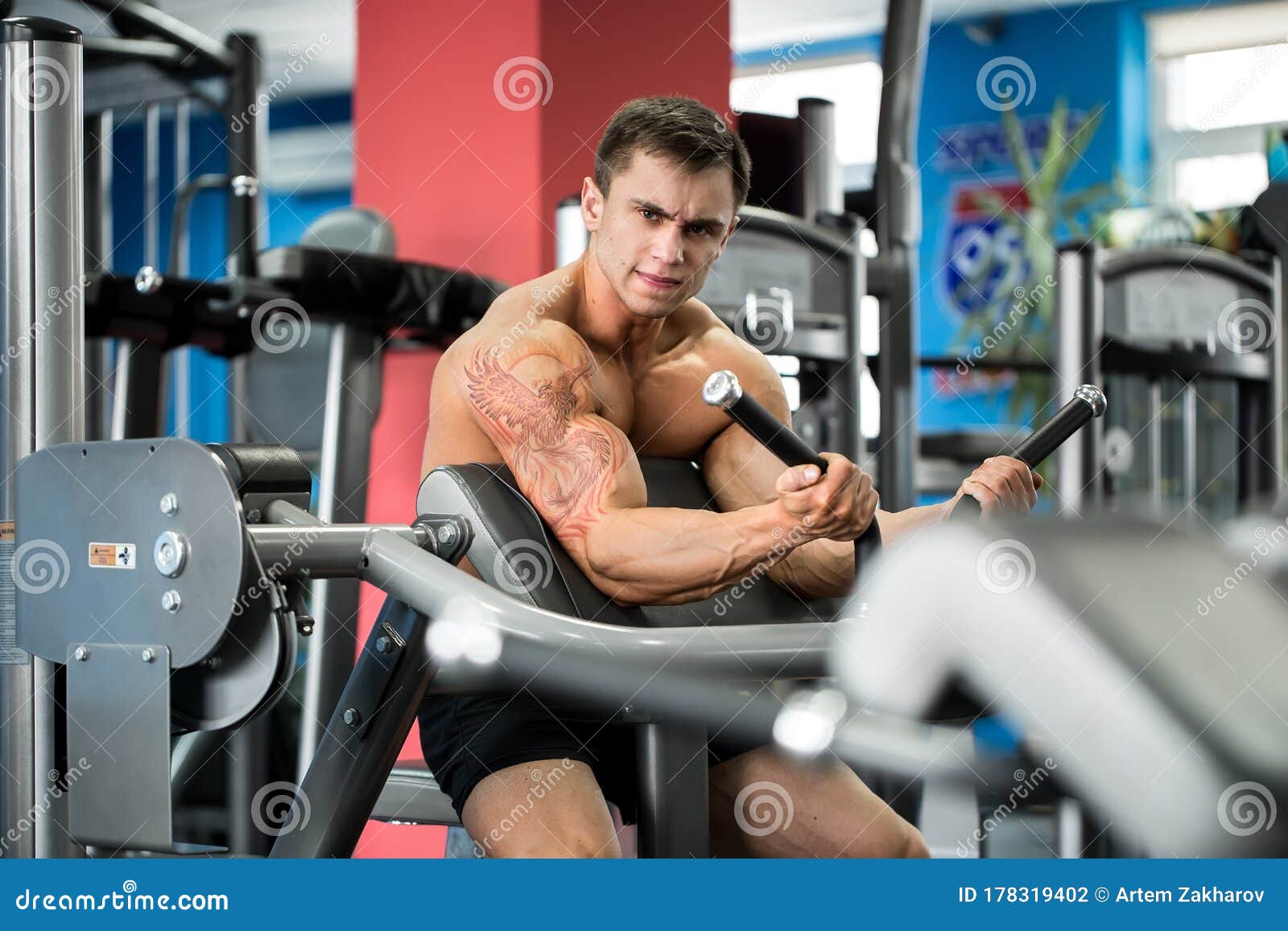 Exercise for Biceps. Young Bodybuilder Doing Heavy Weight Exercise for ...