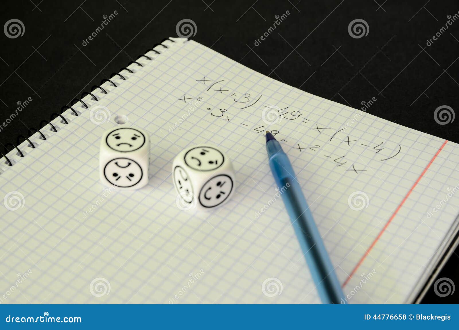 Exercise Book With Mathematical Equation And Dices With Sad Face Stock ...