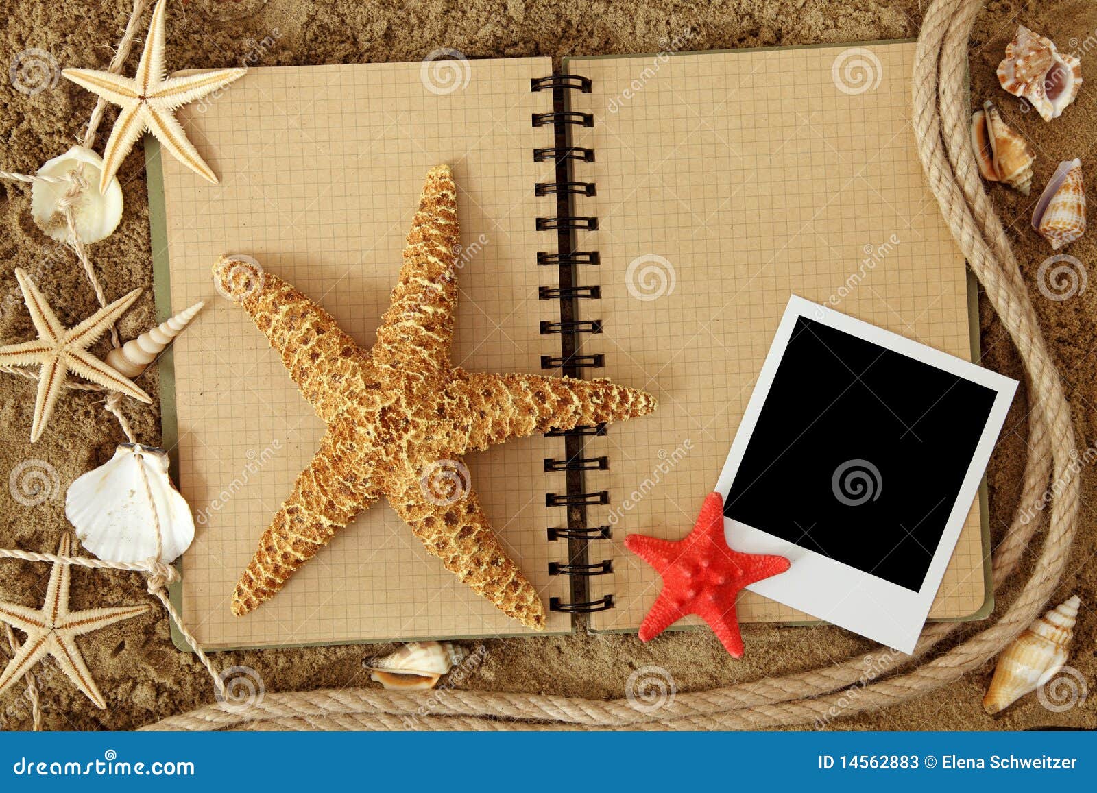 Exercise Book and Sea Stars Stock Image - Image of frame, sand: 14562883