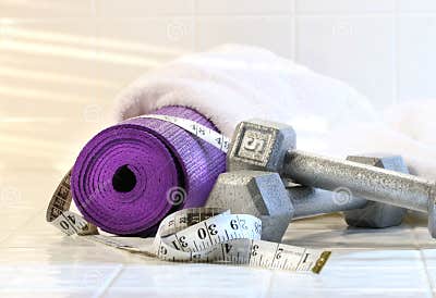 Exercise mat with weights stock image. Image of measuring - 4481849