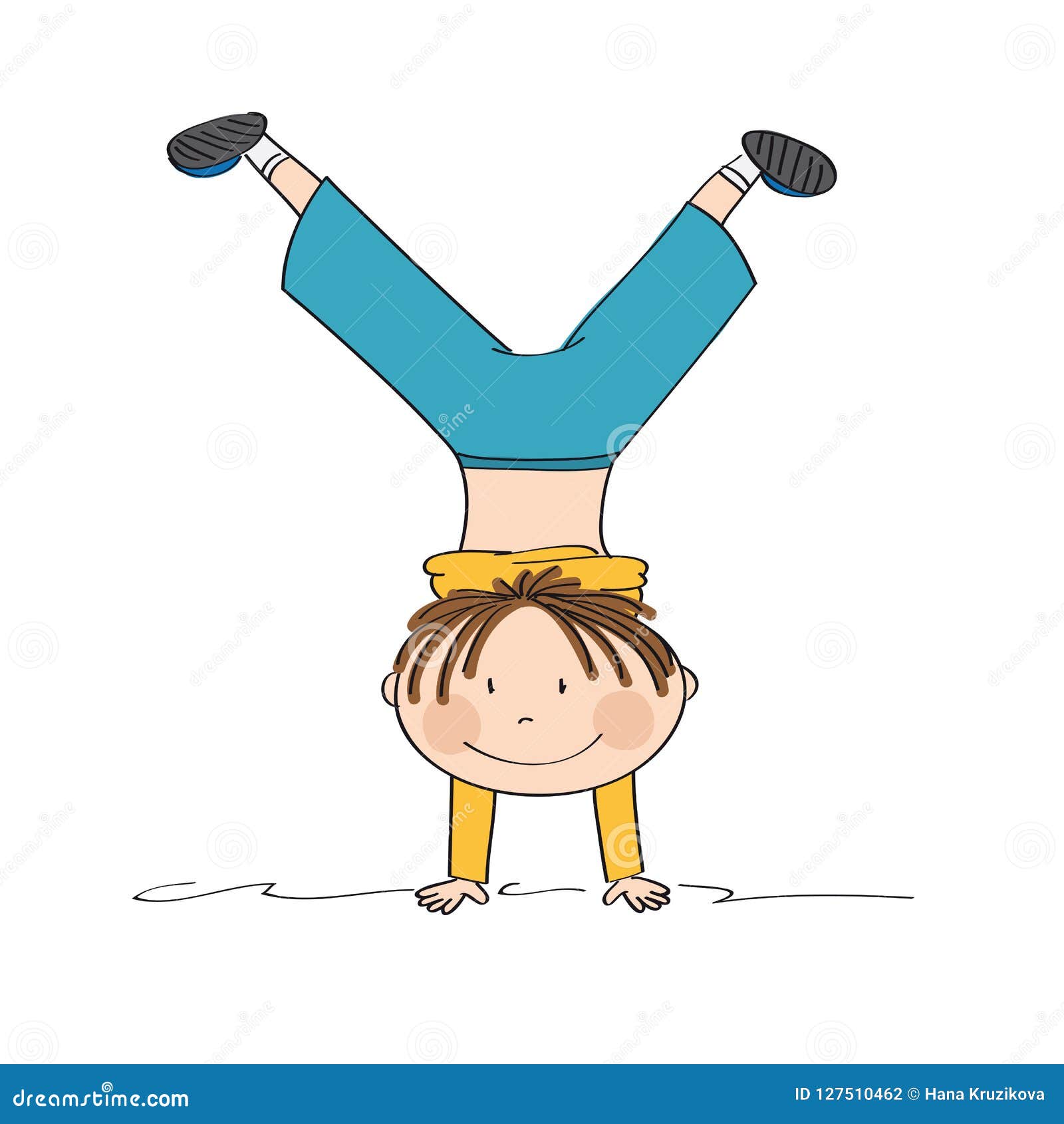 Exercising Boy Having Fun, Smiling, Doing Handstand Vector Illustration ...