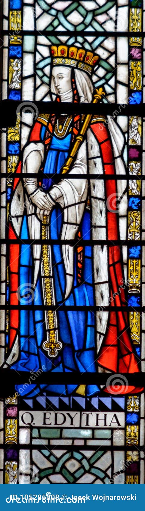 Stained Glass in Exeter Cathedral, West Window Lower Panel, Queen ...