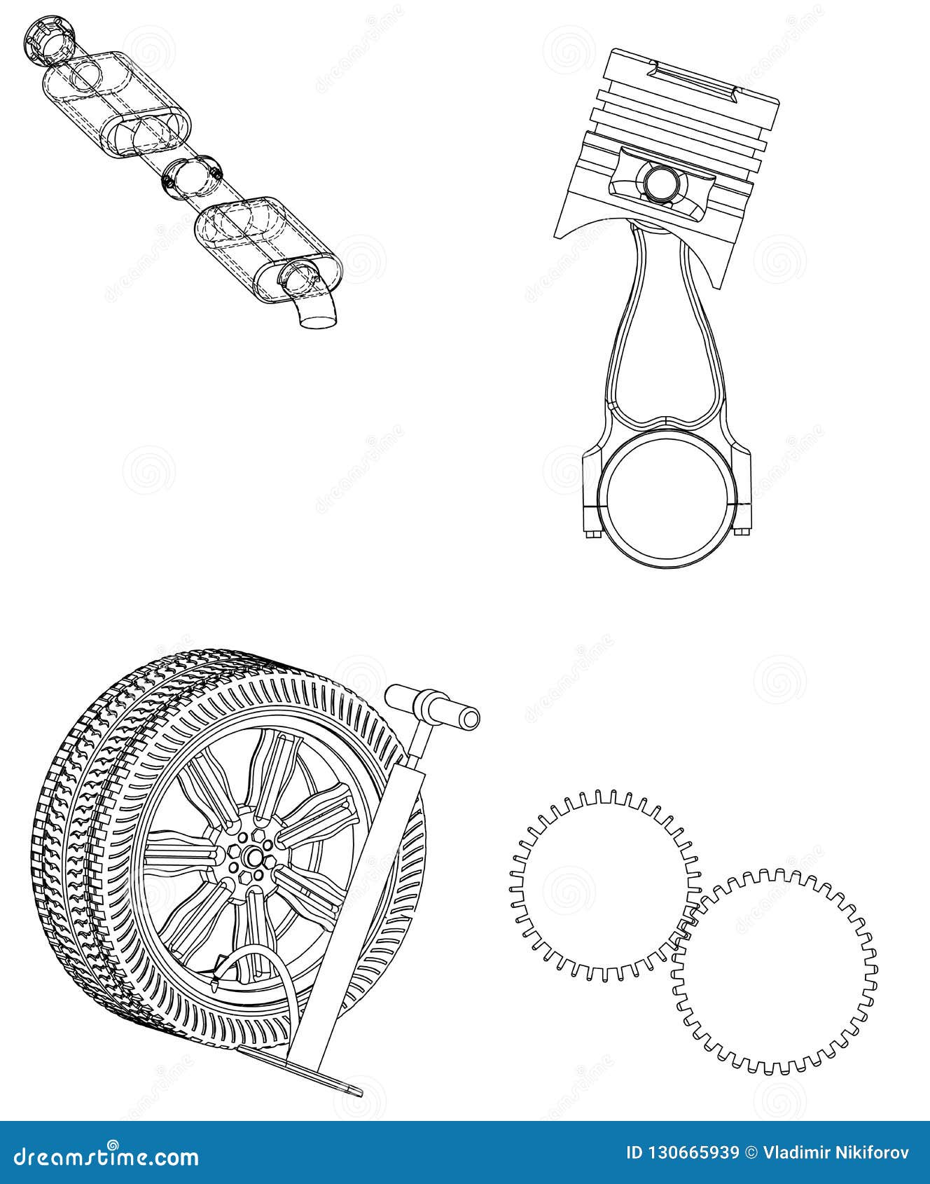 Exhaust Pipe, Piston and Wheel on a White Stock Vector - Illustration ...