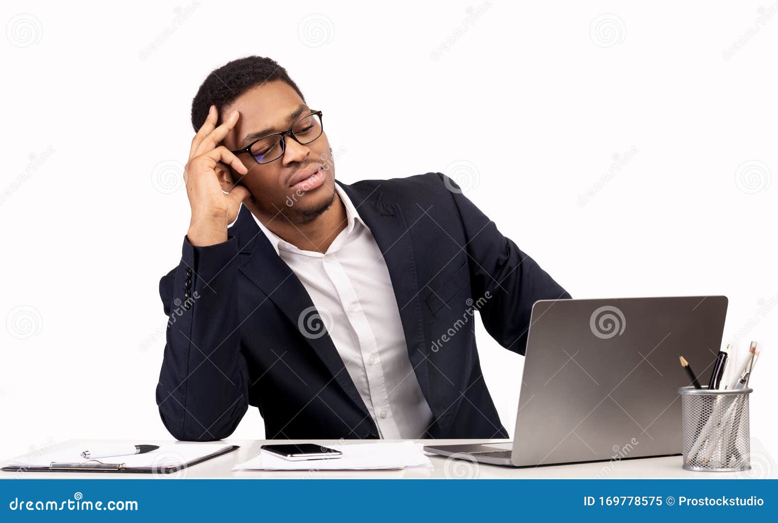 Exhausted African American Manager Feeling Sad and Desperate Stock ...