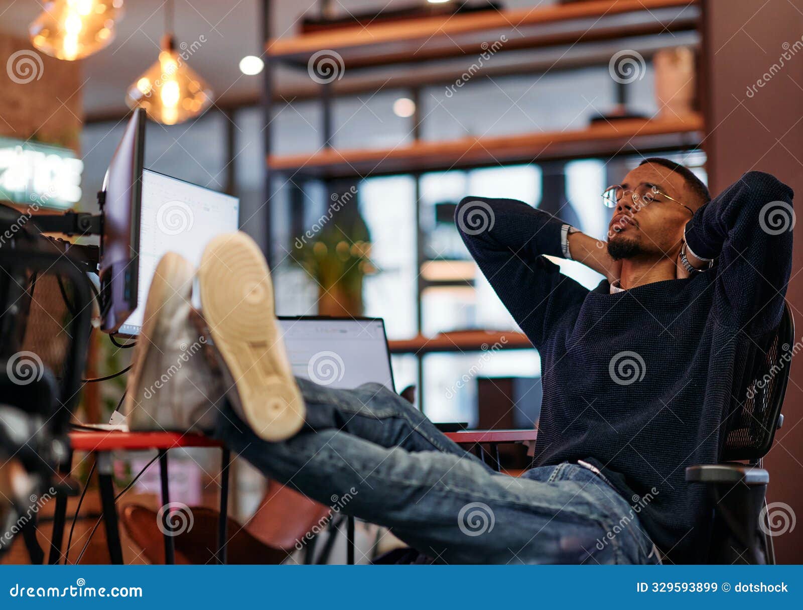 Exhausted African American Programmer Resting at Work. Stock Image ...