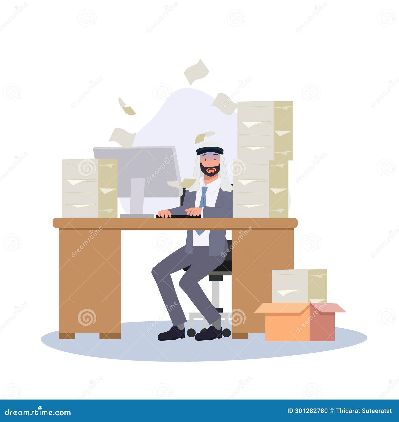 Exhausted Arab Businessman Working at Desk with Overload Work Stock ...