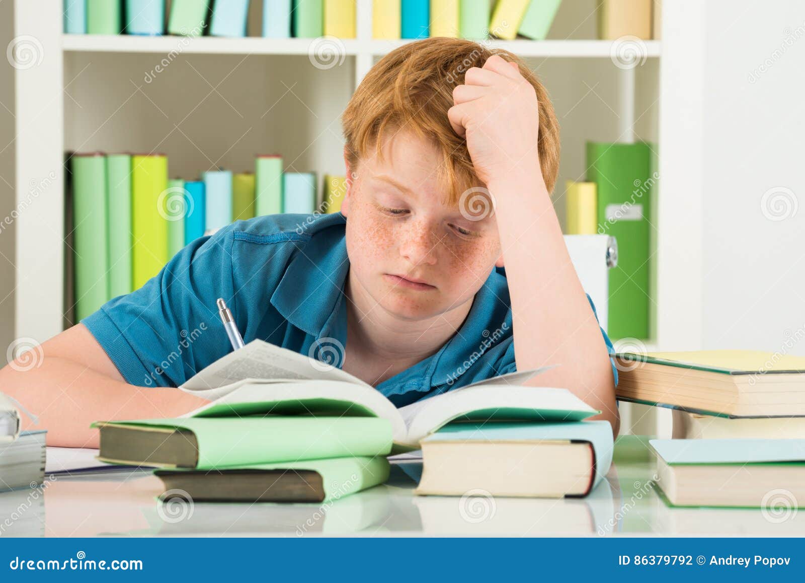 Exhausted Boy Studying in Library Stock Photo - Image of lesson ...