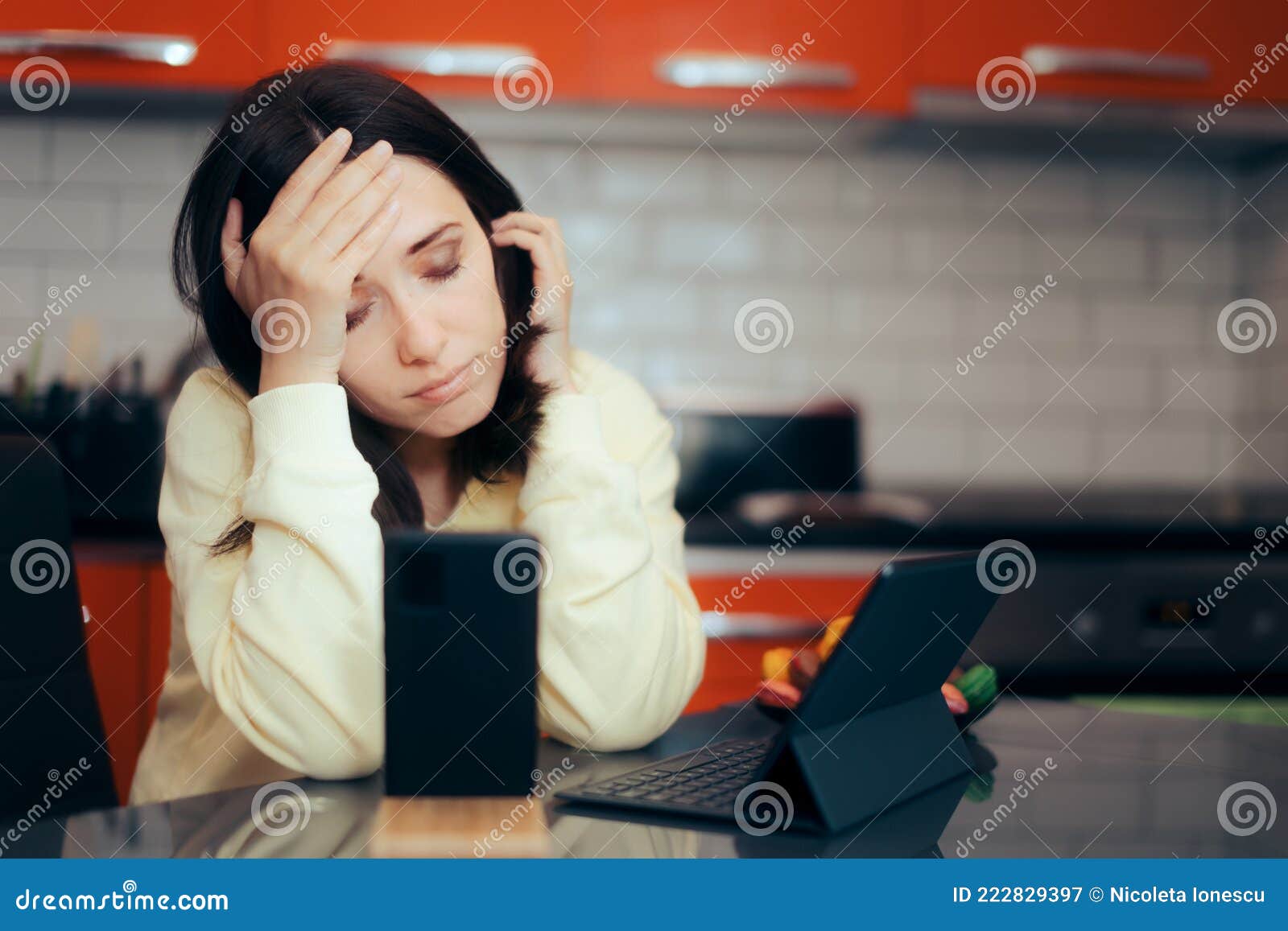 Exhausted Busy Multitasking Woman Working on Multiple Devices from Home ...