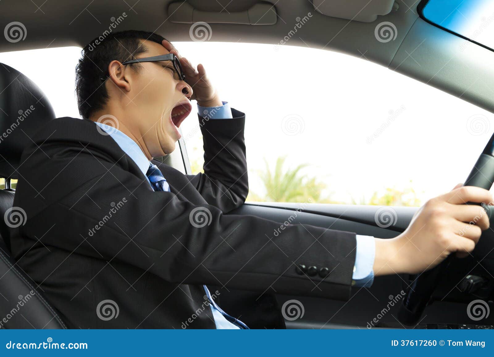 Exhausted Driver Yawning and Driving Car Stock Photo - Image of concept ...