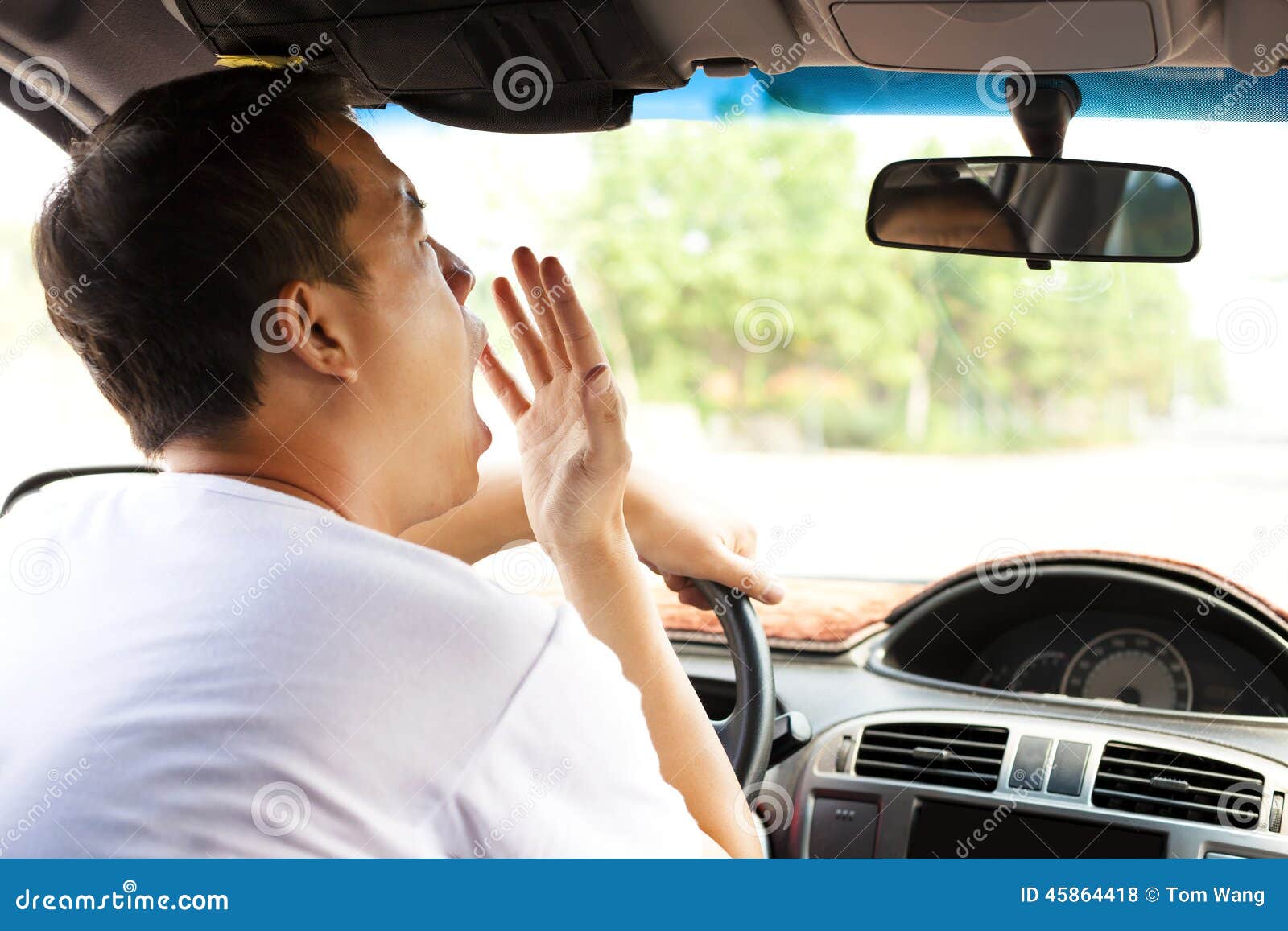 Exhausted Driver Yawning and Driving Car Stock Photo - Image of ...