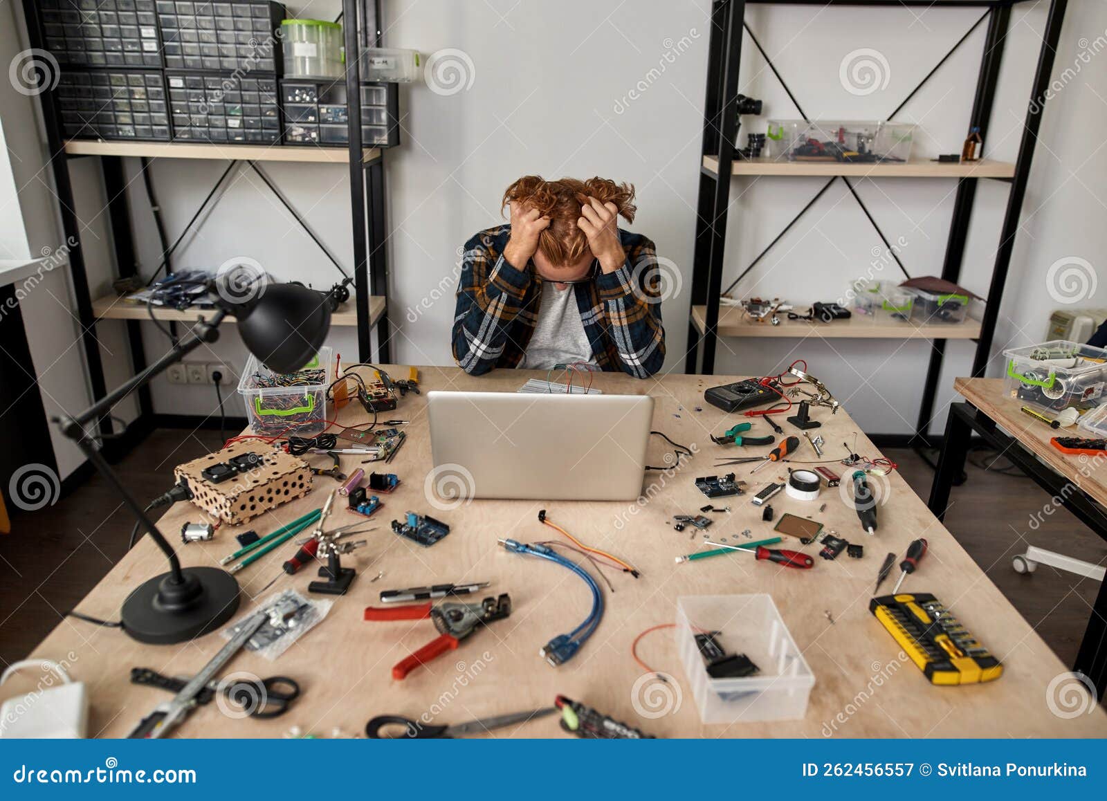 Exhausted it Engineer Pull Hair on Head at Work Stock Image - Image of ...
