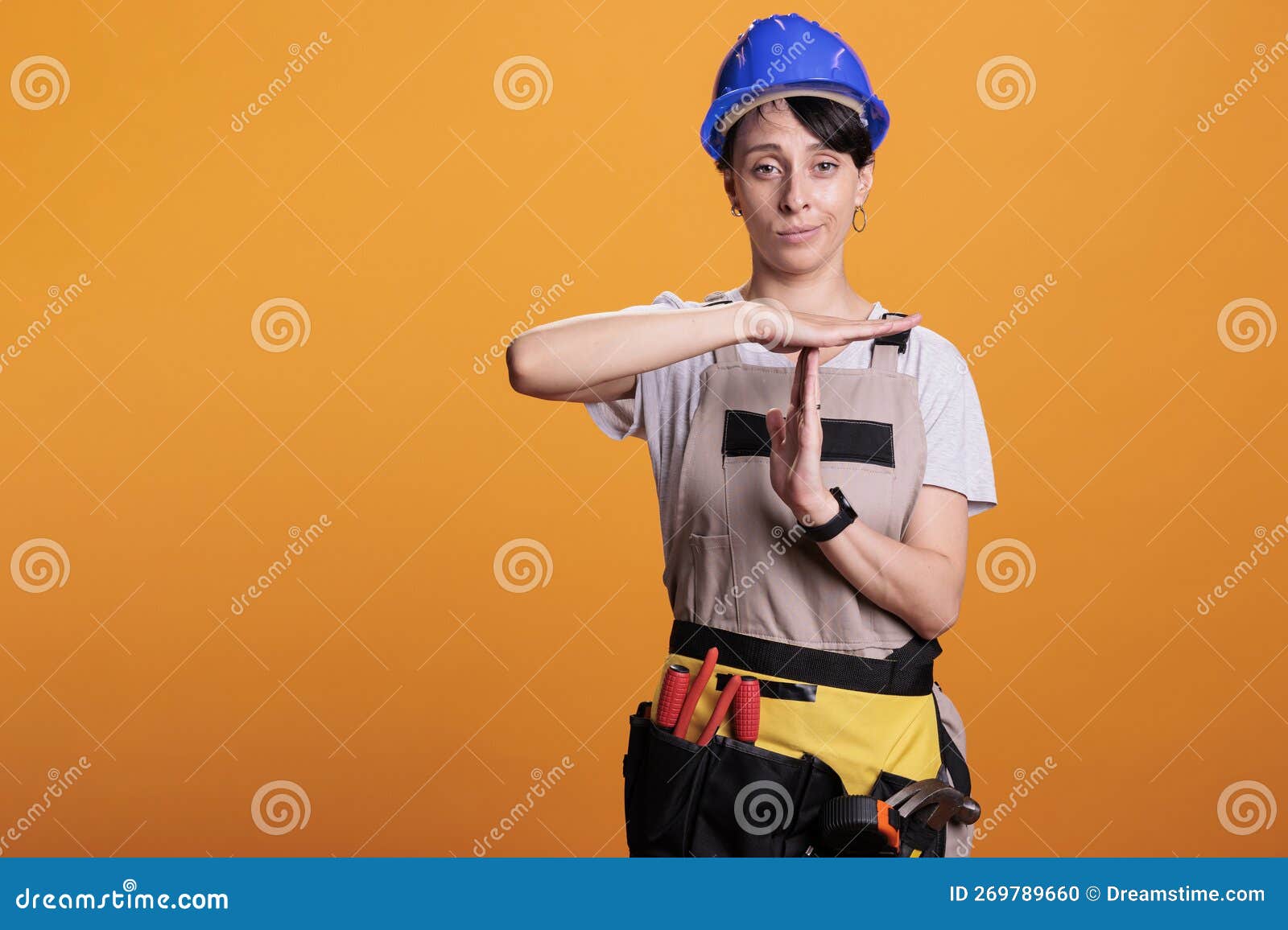 Exhausted Industrial Engineer Doing Timeout Sign Stock Photo - Image of ...