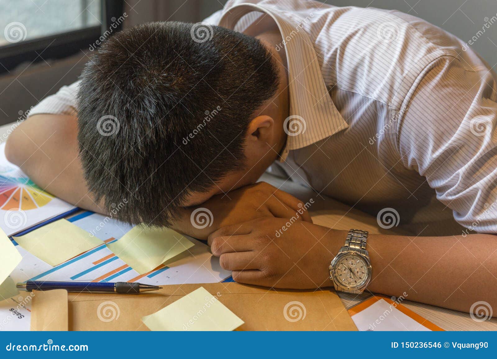 Exhausted Man Fall Asleep on Unorganized Table with Documents, Sticky ...