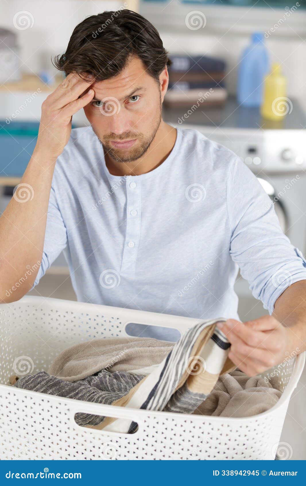 Exhausted Man with Laundry Basket Stock Image - Image of full, legs: 338942945