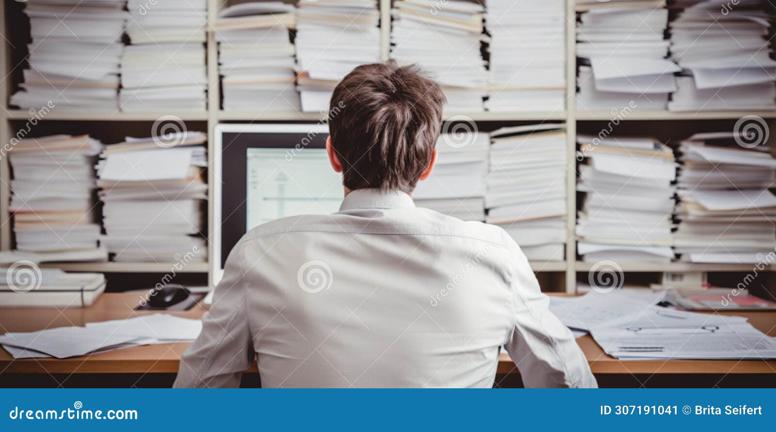 Exhausted Man in the Office Full of Folders and Work ,back View Stock ...