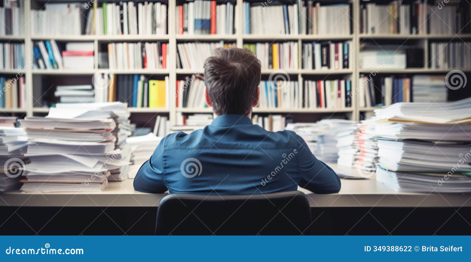 Exhausted Man in the Office Full of Folders and Work ,back View Stock ...