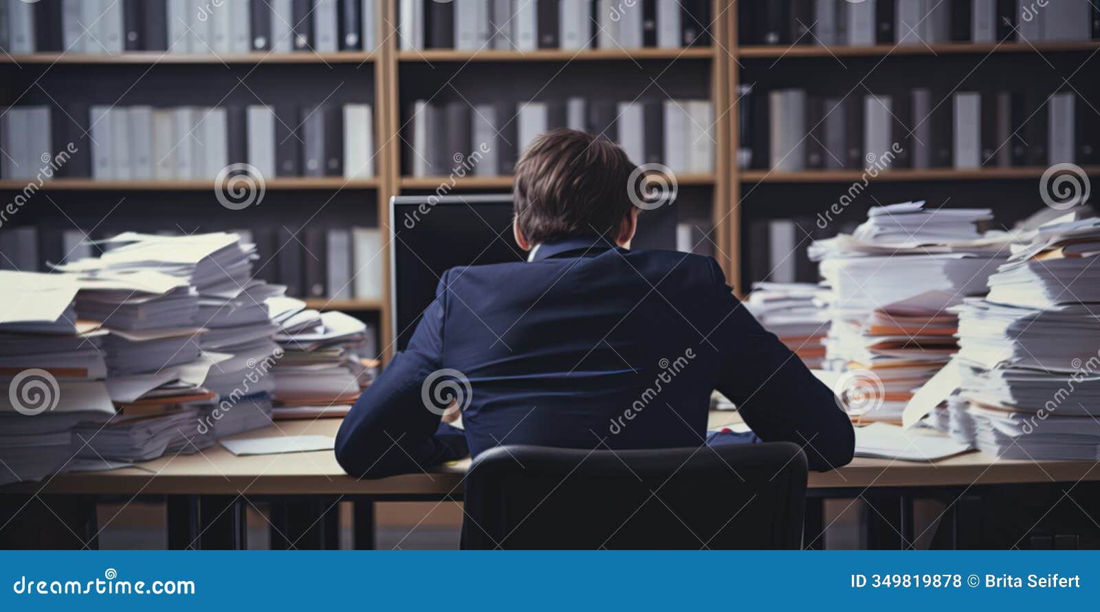 Exhausted Man in the Office Full of Folders and Work ,back View Stock ...