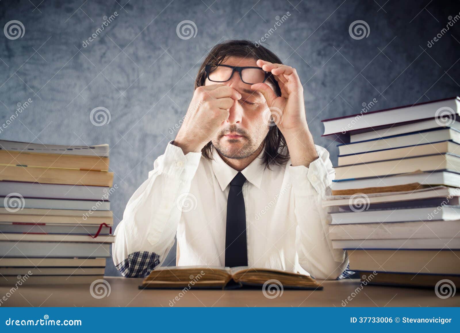 Exhausted Man Reading Books Stock Photo - Image of night, overworked ...