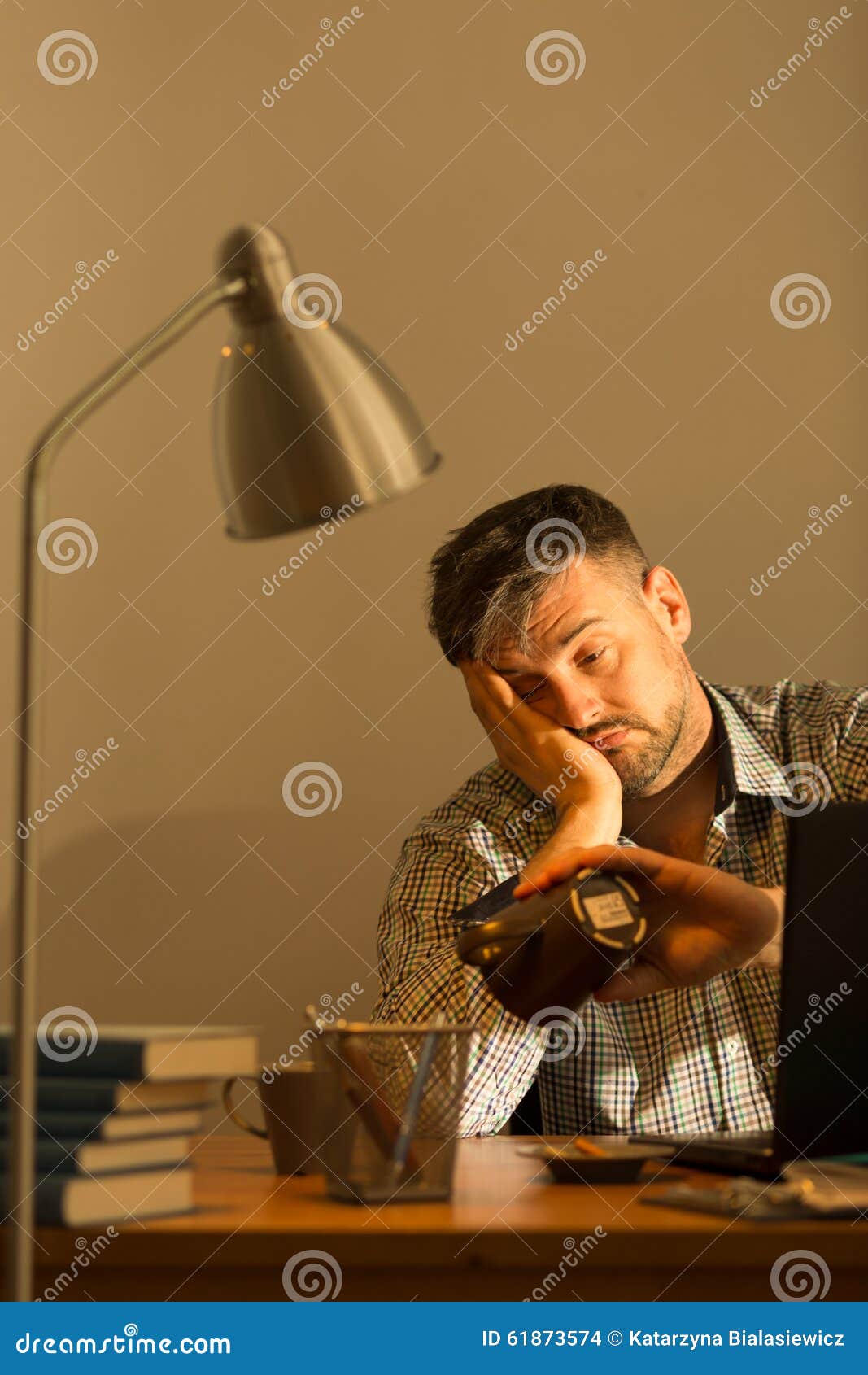 Exhausted Man Sitting at Desk Stock Photo - Image of depression ...