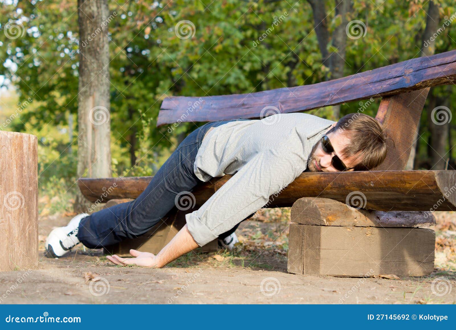 Exhausted Man Sleeping on Bench Stock Photo - Image of peaceful, seat ...